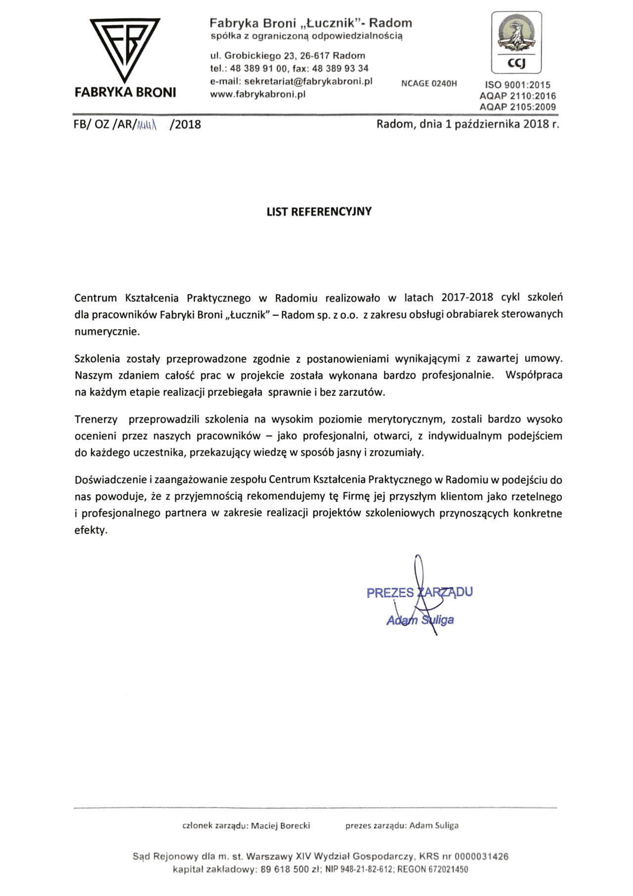 List intencyjny z Fabryki Broni | Centrum Kształcenia Zawodowego i ...